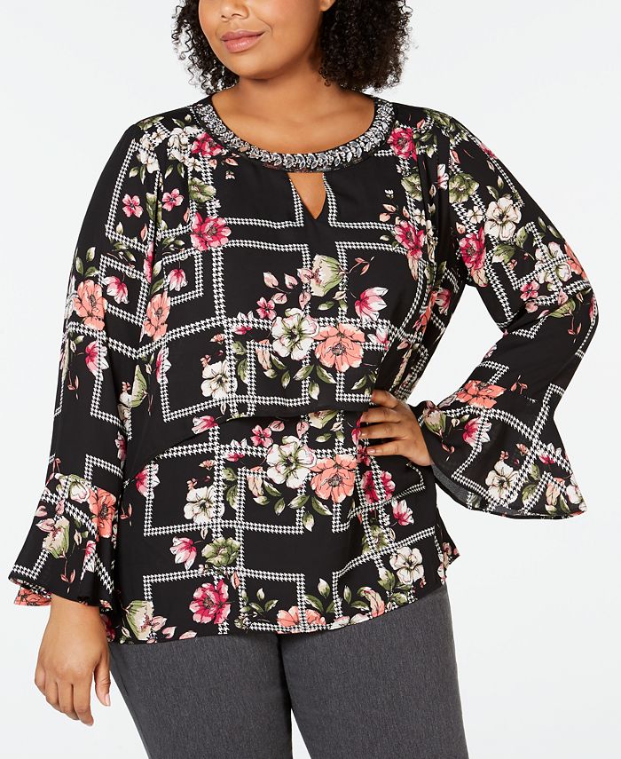 NY Collection Plus Size Floral-Print Embellished Top & Reviews - Tops ...