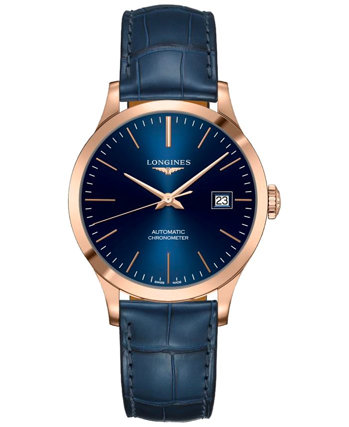 Longines Men's Swiss Automatic Record Blue Alligator Leather Strap ...