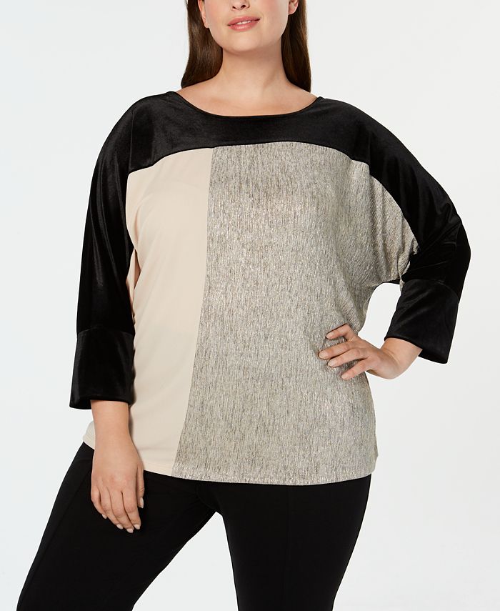 Calvin Klein Plus Size Colorblocked Mixed-Media Top - Macy's