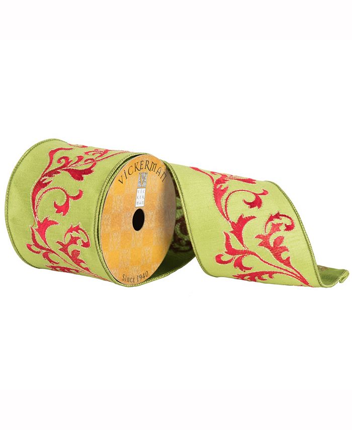 Vickerman 4" X 10Yd Green Ribbon With Red Acanthus Vines - Macy's