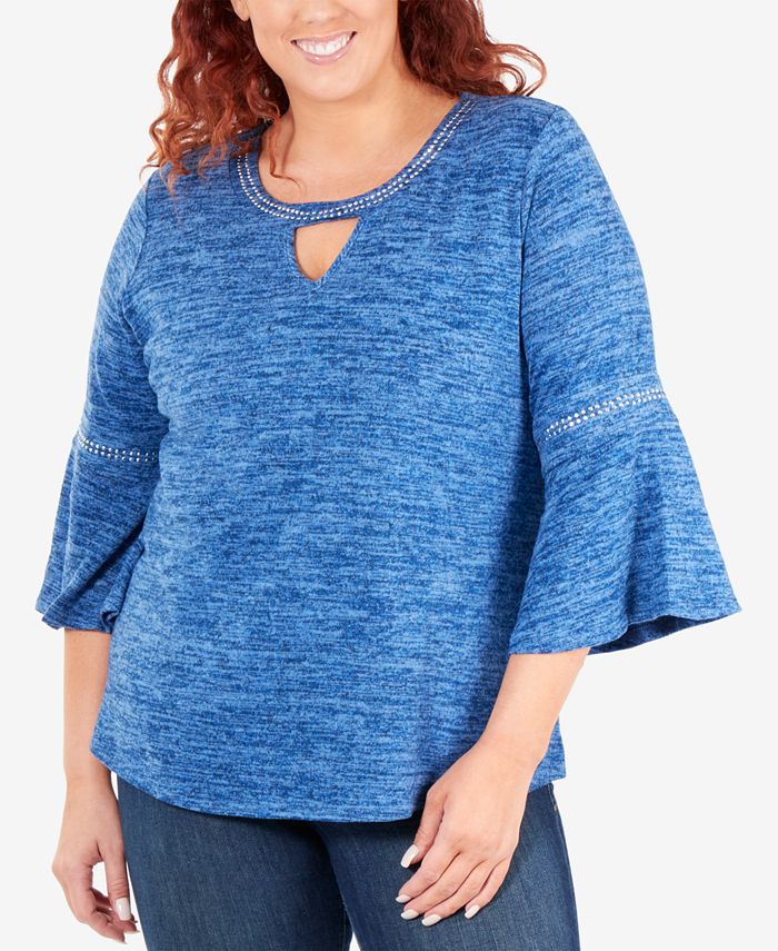 NY Collection Plus Size Embellished Flare-Sleeve Keyhole Top - Macy's