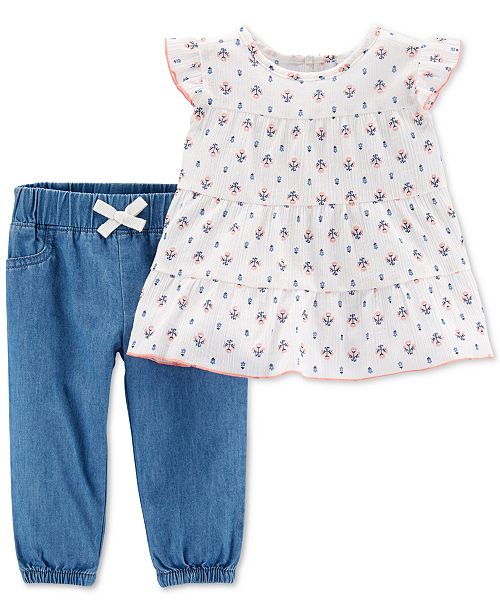 Carter's 2-Pc. Baby Girls Cotton Floral-Print Top & Chambray Pants Set ...