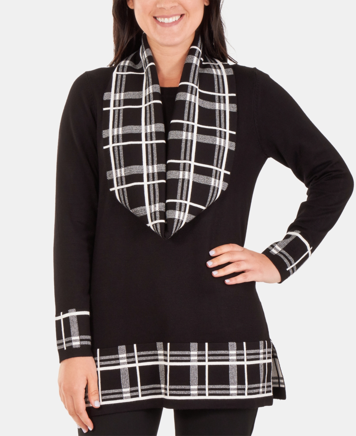 Click here for Ny Collection Contrast Plaid-Print Tunic Sweater -... prices
