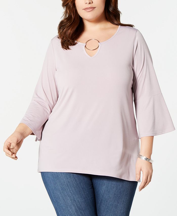 NY Collection Plus Size Bell-Sleeve Keyhole Blouse - Macy's