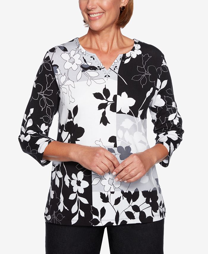 Alfred Dunner Grand Boulevard Floral-Print Embellished-Neck Top - Macy's