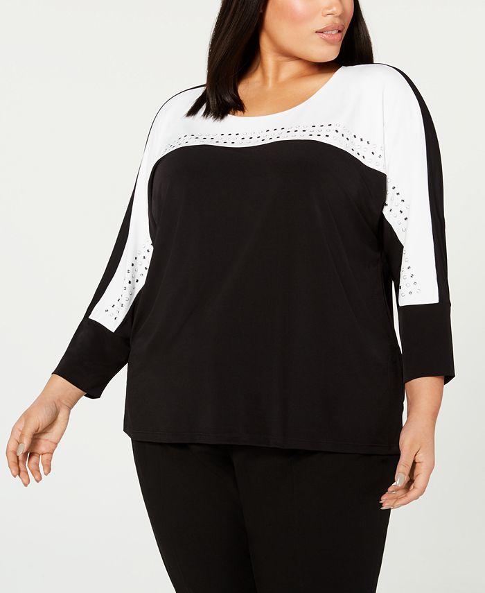 Calvin Klein Plus Size Colorblocked Studded Dolman Top - Macy's