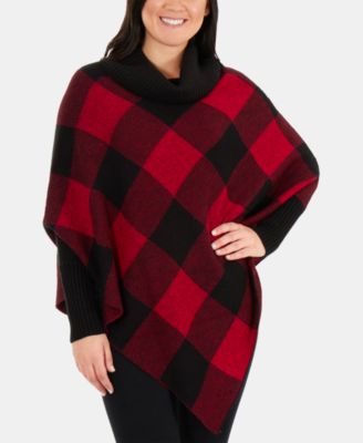 NY Collection Buffalo-Check Poncho Sweater - Macy's