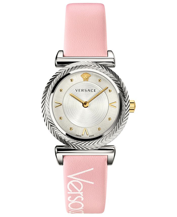 Versace Women's Swiss V-Motif Vintage Logo Pink Calf Leather Strap ...