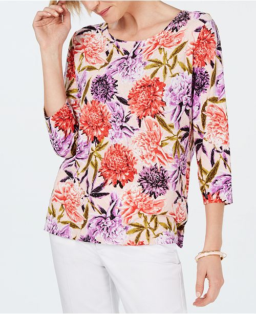 JM Collection 3/4-Sleeve Novelty Printed Jacquard Top, Created for Macy ...