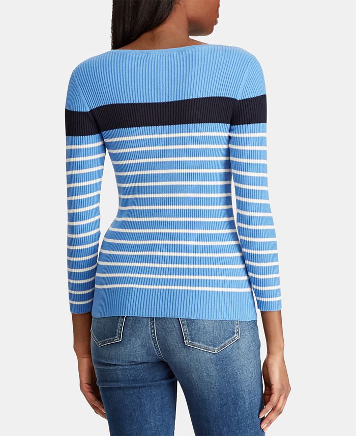 Lauren Ralph Lauren Boatneck ¾ Sleeve Striped Ribbed Sweater - Macy's