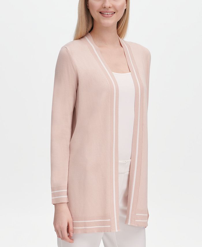 Calvin Klein Open Front Striped Trim Cardigan - Macy's