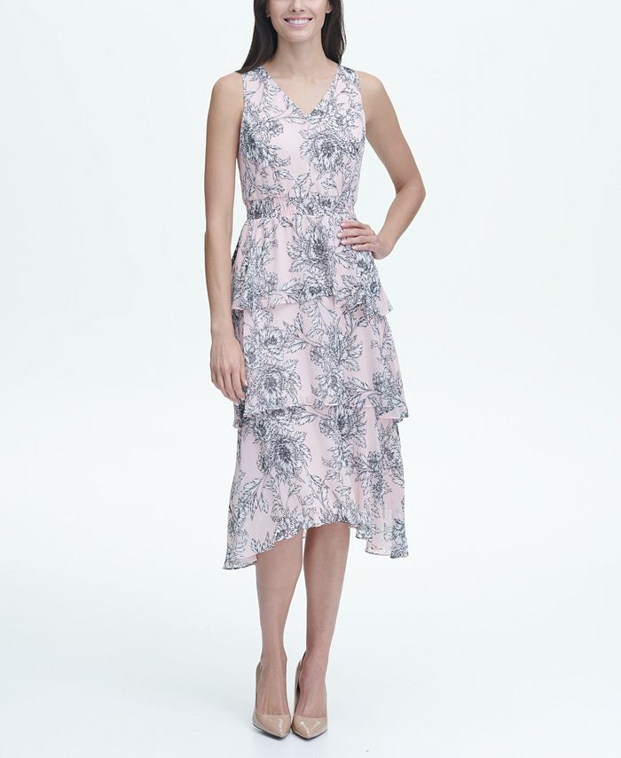 Tommy Hilfiger Floral Chiffon V Neck Tier Midi Dress Macys