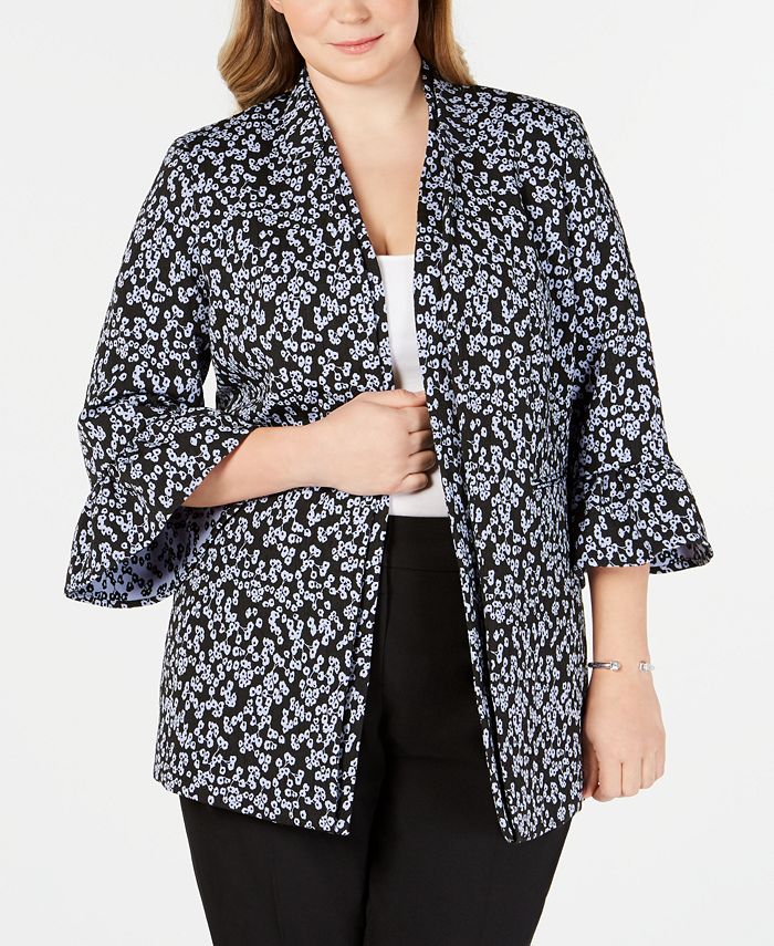 Nine West Plus Size Floral-Print Bell-Sleeve Jacket - Macy's