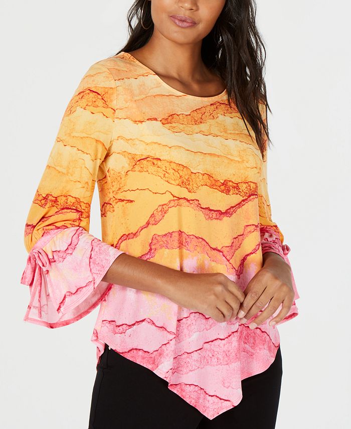 Alfani Petite Tie-Sleeve V-Hem Top, Created for Macy's - Macy's