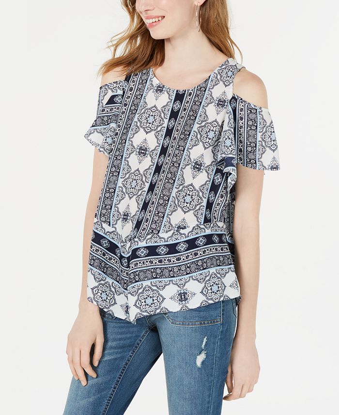 BCX Juniors' Printed Cold-Shoulder Top - Macy's