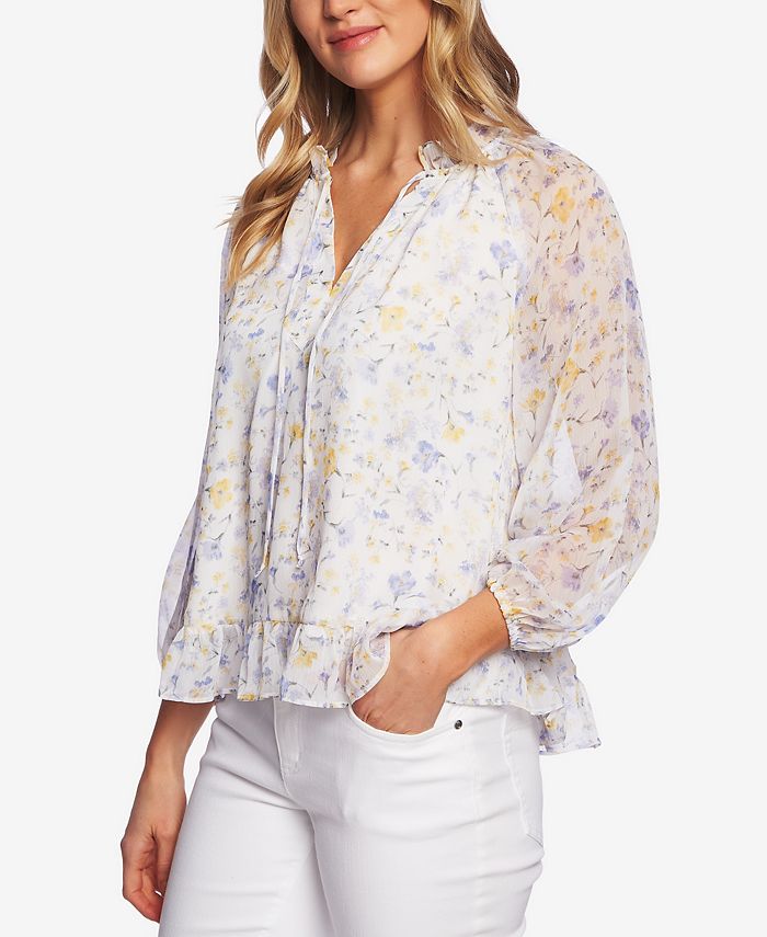 CeCe Printed Ruffle-Trim Chiffon Blouse - Macy's