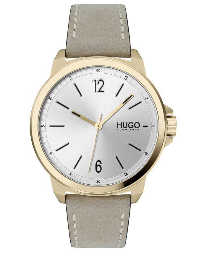 HUGO Men's #Lead Beige Leather Strap Watch 42mm - Macy's