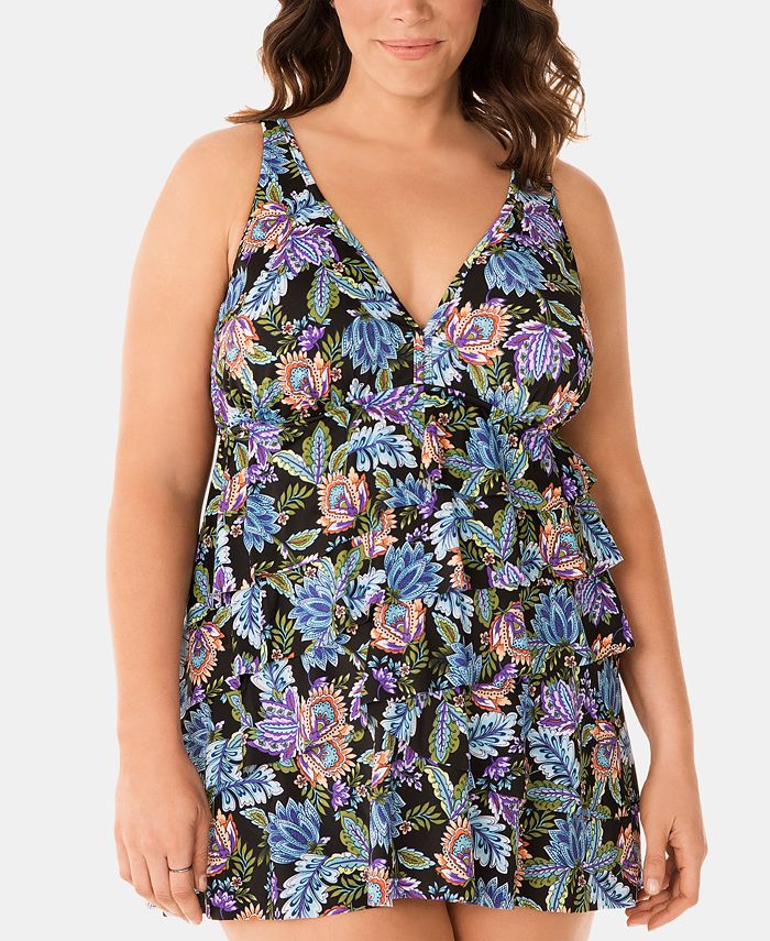Swim Solutions Plus Size Ruffled Tummy Control Swimdress Created For