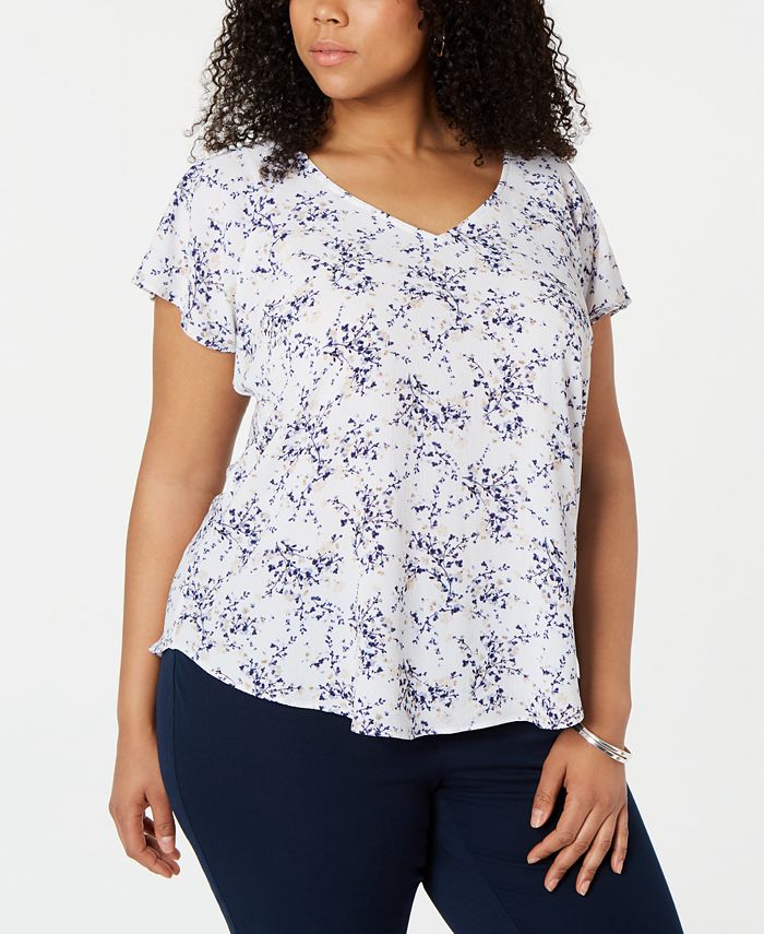 Nine West Plus Size Printed Flutter-Sleeve Top - Macy's