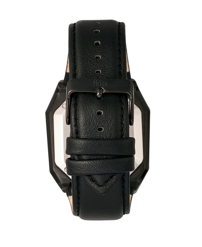 Reign Asher Automatic Genuine Black Leather Watch 47mm - Macy's
