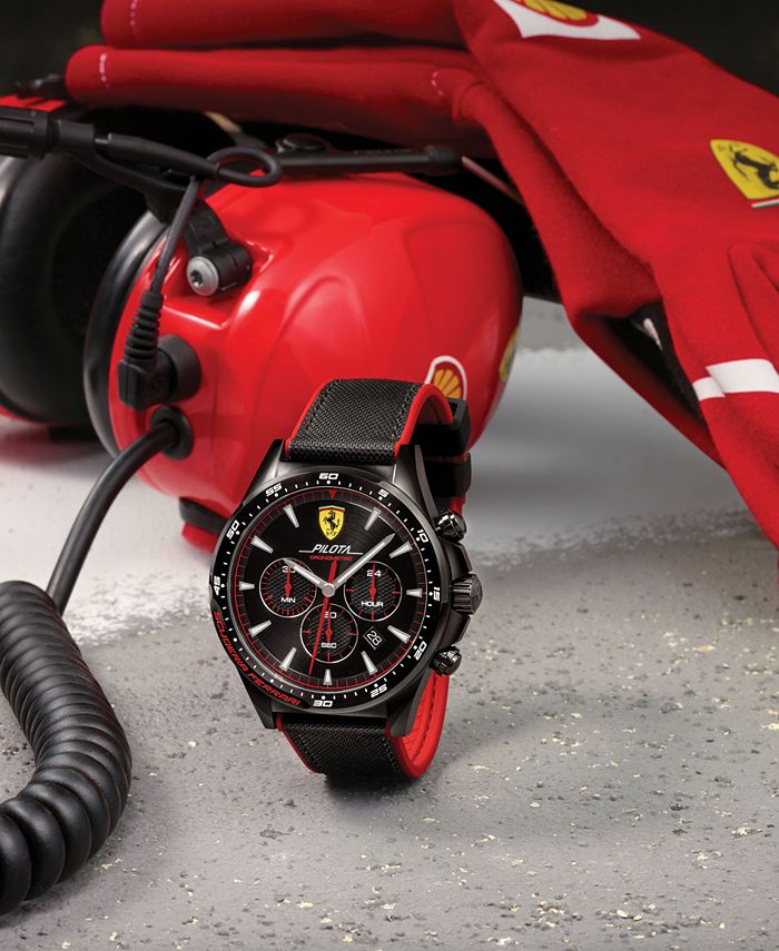 Ferrari Men's Chronograph Pilota Black Nylon & Red Silicone Strap Watch ...