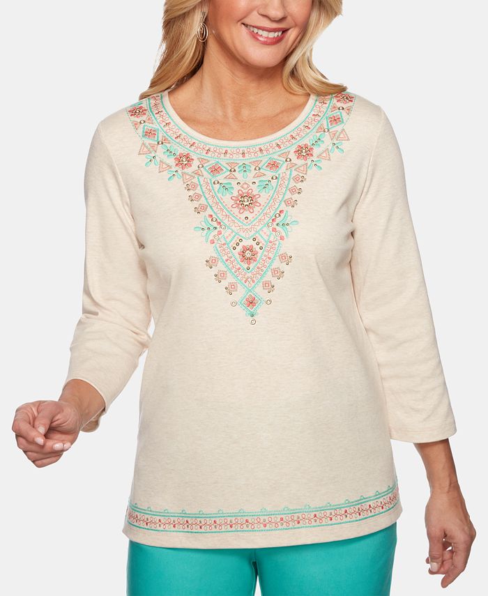 Alfred Dunner Coastal Drive Embroidered Studded Top - Macy's