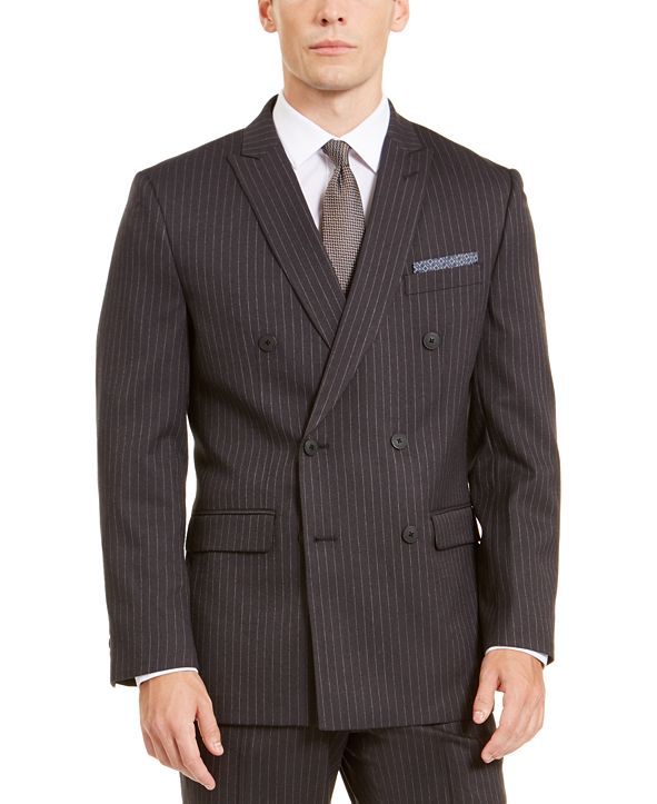 Perry Ellis Men's Slim-Fit Stretch Dark Grey Pinstripe Double Breasted ...