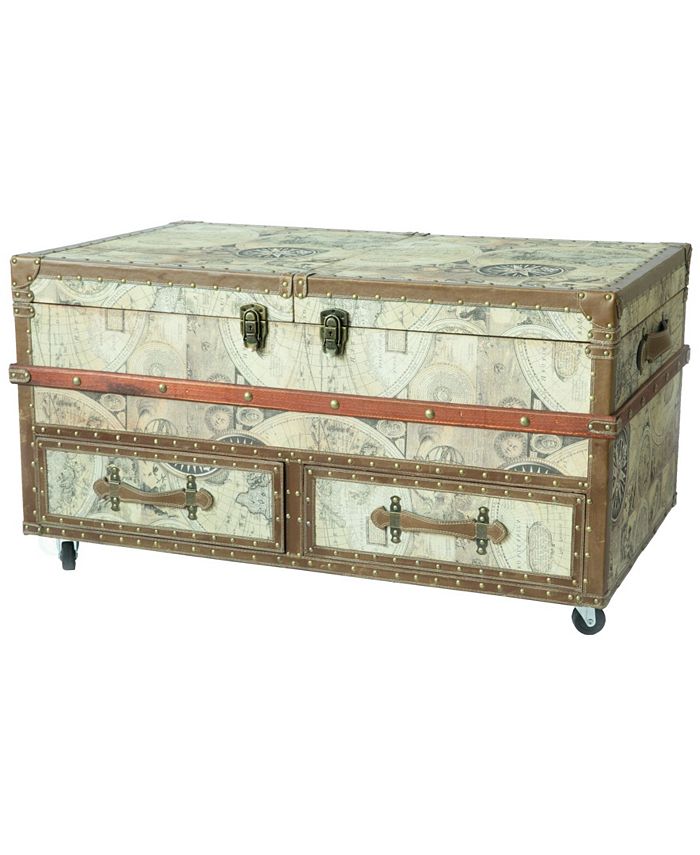 Vintiquewise Old World Map Print Coffee End Table and Wine Bar Trunk ...