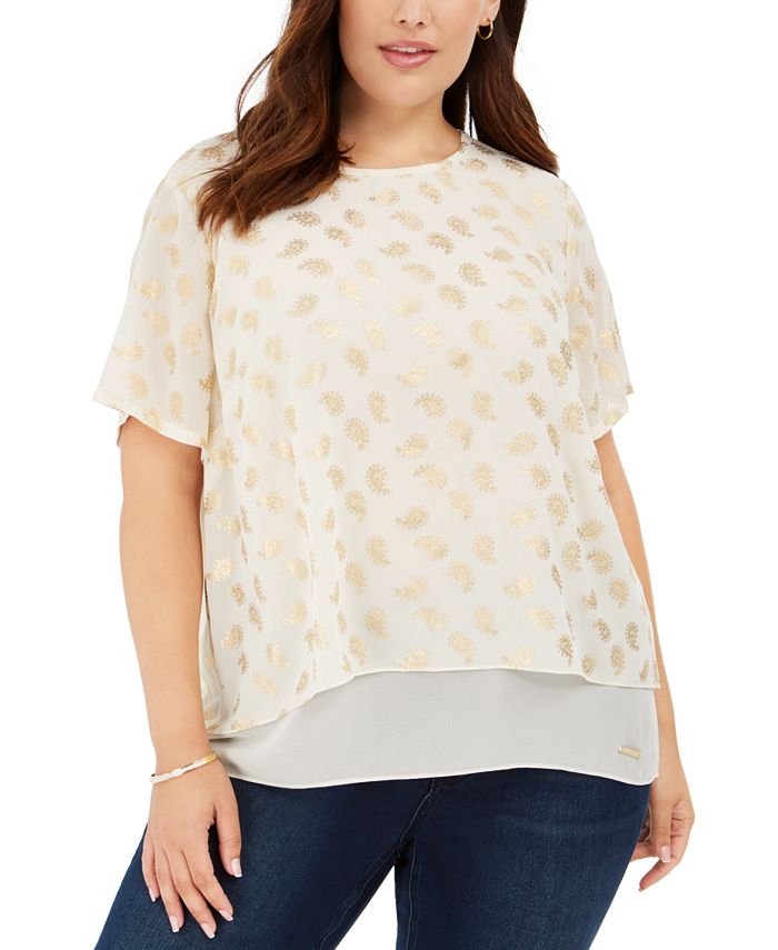 Michael Kors Plus Size Metallic-Print Slit-Back Top - Macy's
