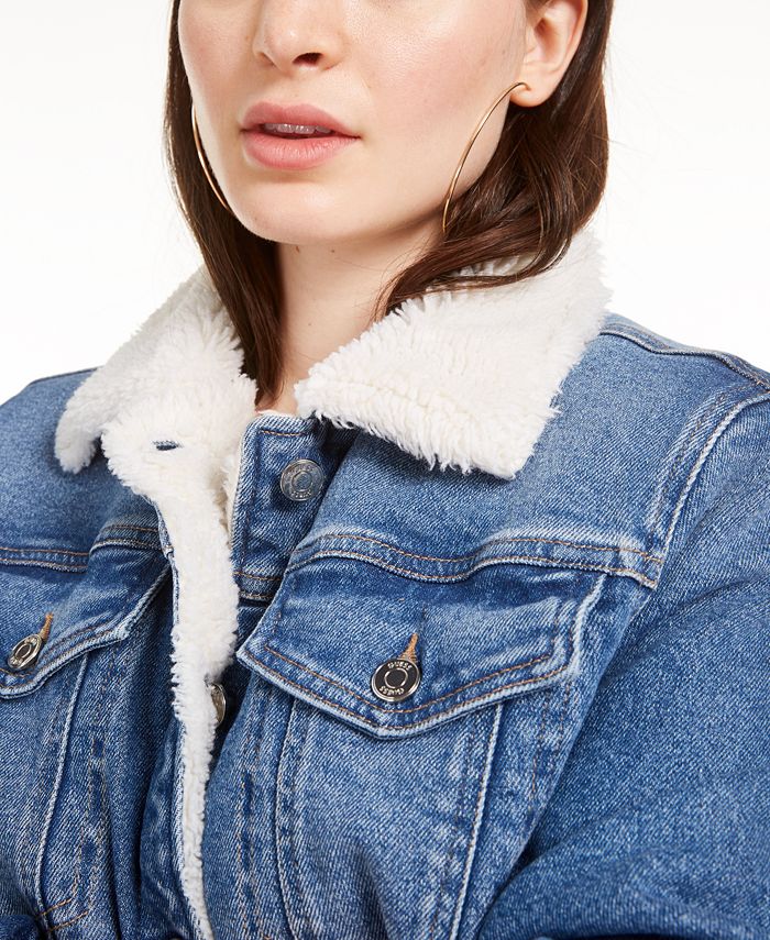 GUESS Fleece-Trim Denim Trucker Jacket - Macy's