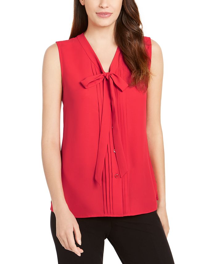Anne Klein V-Neck Pleated Bow Blouse - Macy's