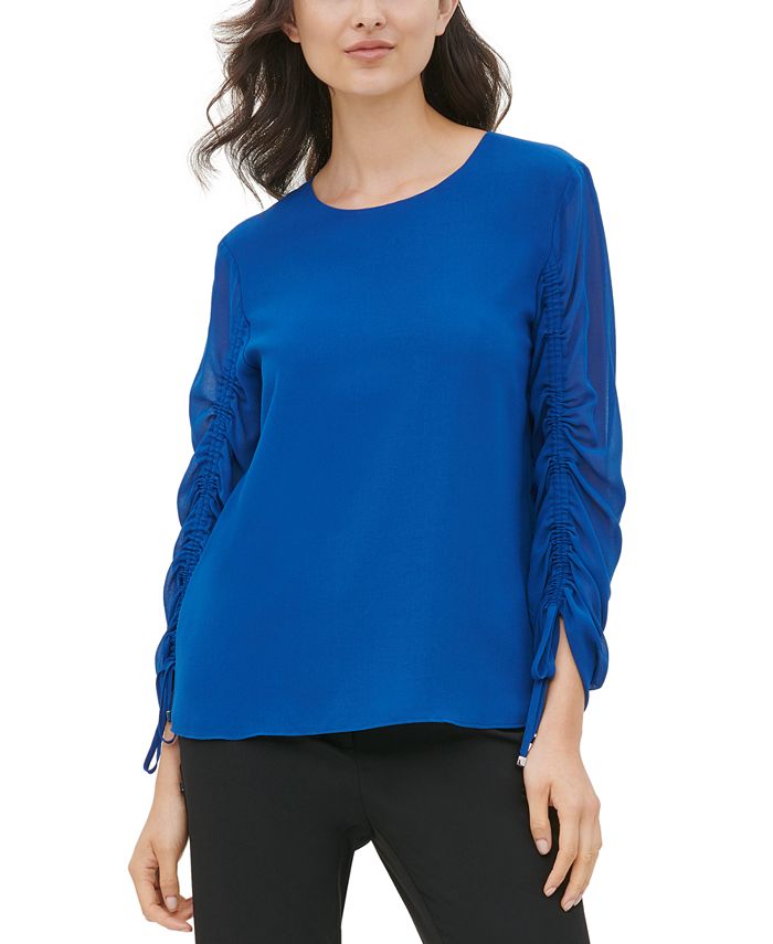 Calvin Klein Scoop-Neck Drawstring-Sleeve Top - Macy's