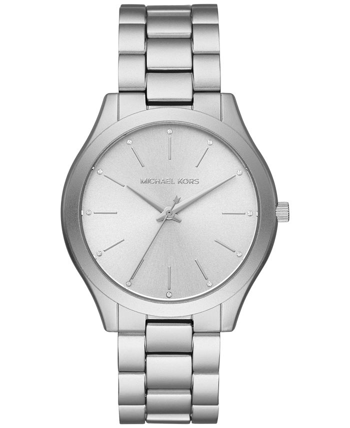 Michael Kors Women's Slim Runway Silver-Tone Aluminum Bracelet Watch ...