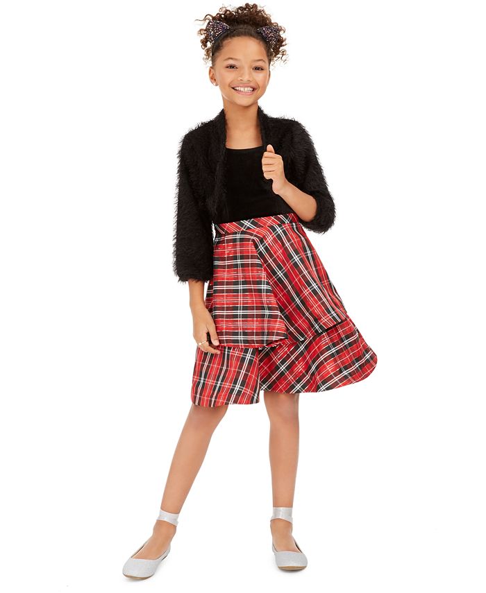 Sequin Hearts Big Girls 2-Pc. Eyelash Bolero & Plaid Dress Set - Macy's