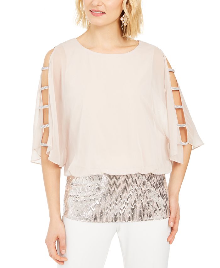 MSK Rhinestone Lattice-Sleeve Blouson Top - Macy's