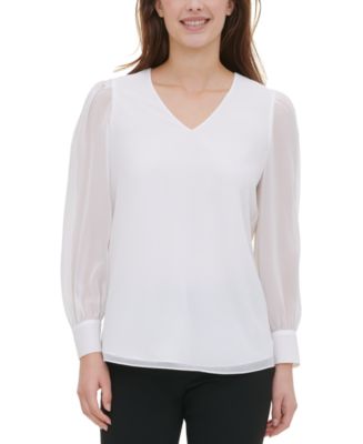 Calvin Klein Mesh Blouson-Sleeve Top - Macy's