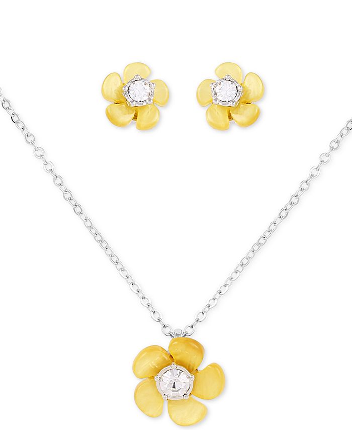 GUESS Silver-Tone Crystal Flower Pendant Necklace & Stud Earrings Set ...