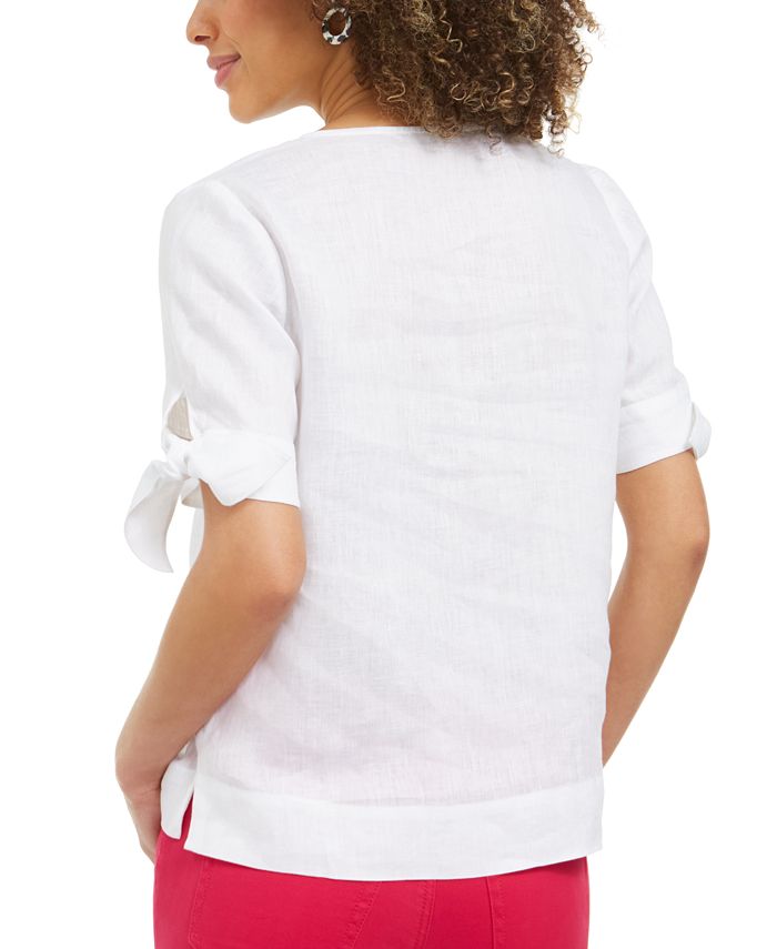 Charter Club Women's 100% Linen Split-Neck Tie-Cuff Top, Created for Macy's - Macy's