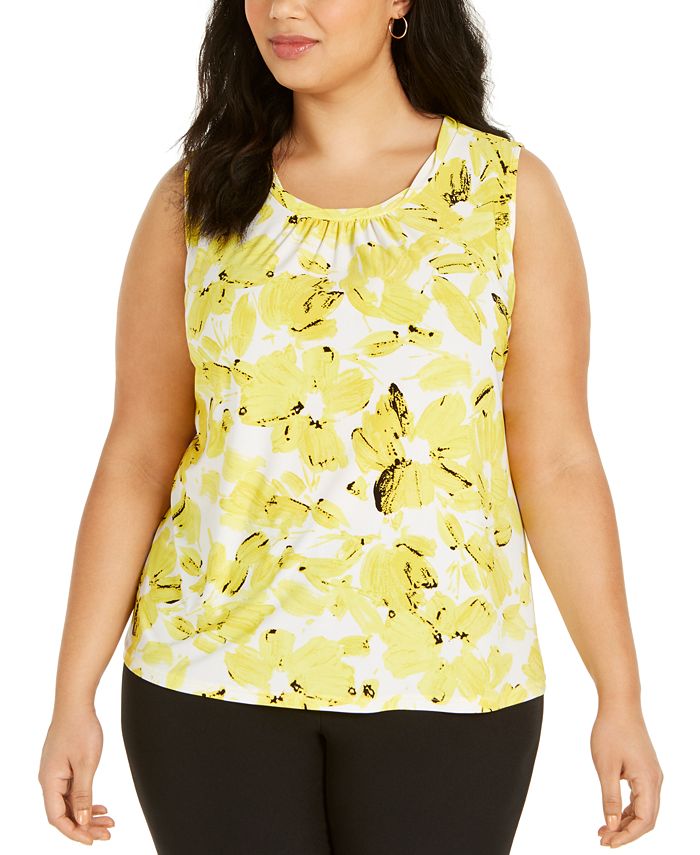 Kasper Plus Size Twist-Neck Floral-Print Top - Macy's