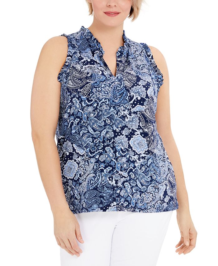 Michael Kors Plus Size Paisley-Print Ruffle-Neck Top - Macy's