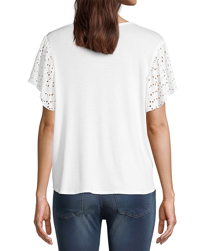 John Paul Richard Petite Eyelet-Sleeve Tie-Hem Top - Macy's