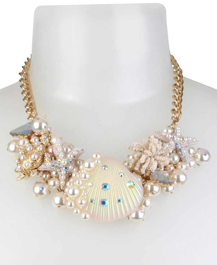 Betsey Johnson Gold-Tone Crystal & Imitation Pearl Seashell Statement Necklace, 17" + 3 ...