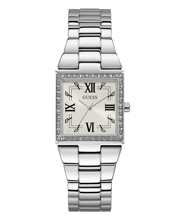 GUESS Silver-Tone Square Crystal Steel Watch 28mm - Macy's