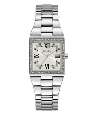 GUESS Silver-Tone Square Crystal Steel Watch 28mm - Macy's