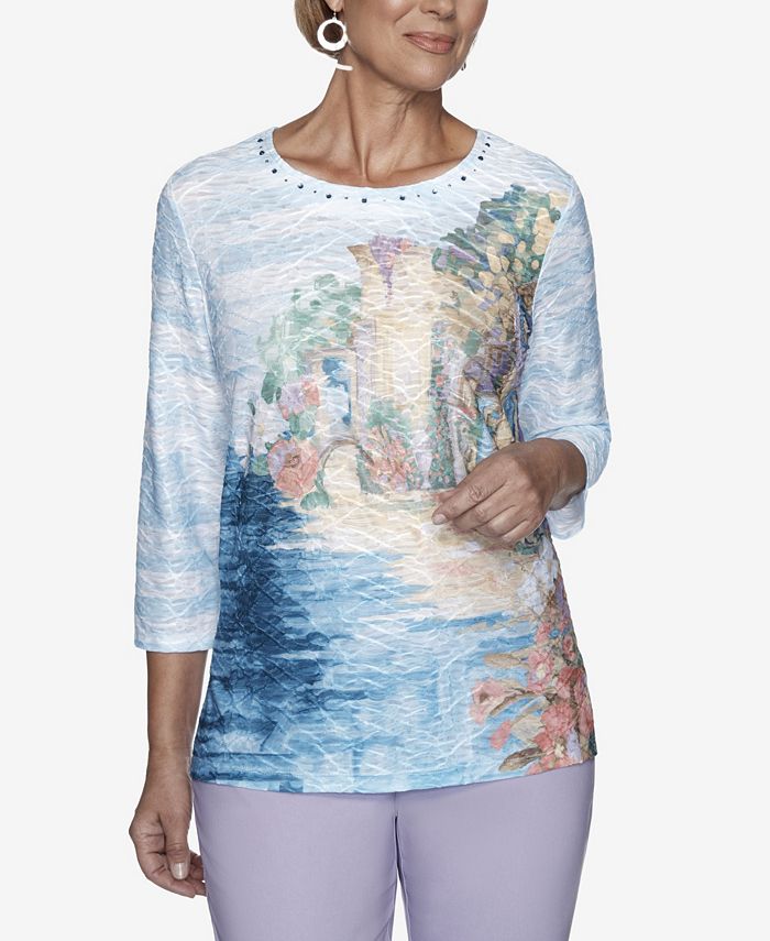 Alfred Dunner 3/4 Sleeve Scenic Print Textured Knit Top - Macy's