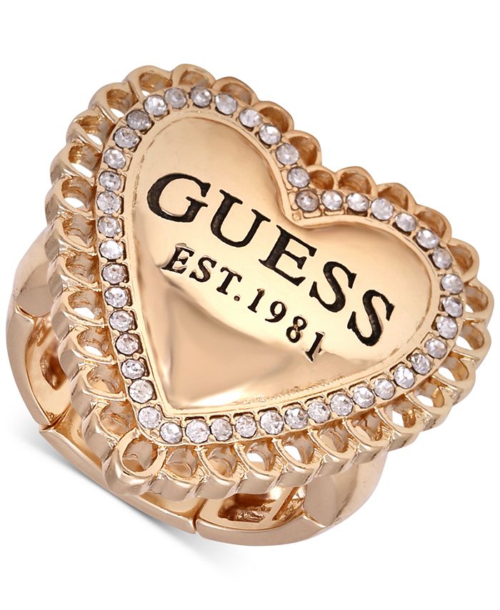 GUESS Gold-Tone Pavé Logo Heart Stretch Ring - Macy's