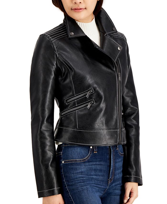CoffeeShop Juniors' Faux-Leather Moto Jacket & Reviews - Coats - Women ...