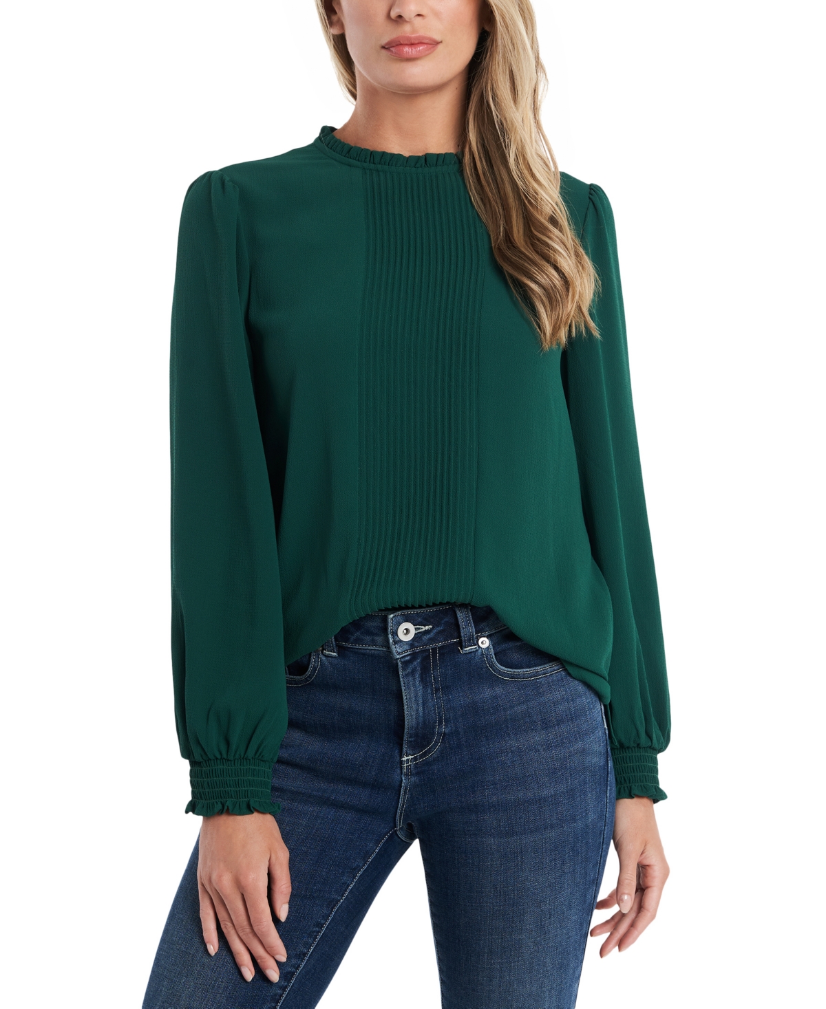 CeCe Womens Long Sleeve Smocked Cuff Pin-Tuck Front Blouse - Alpine Green