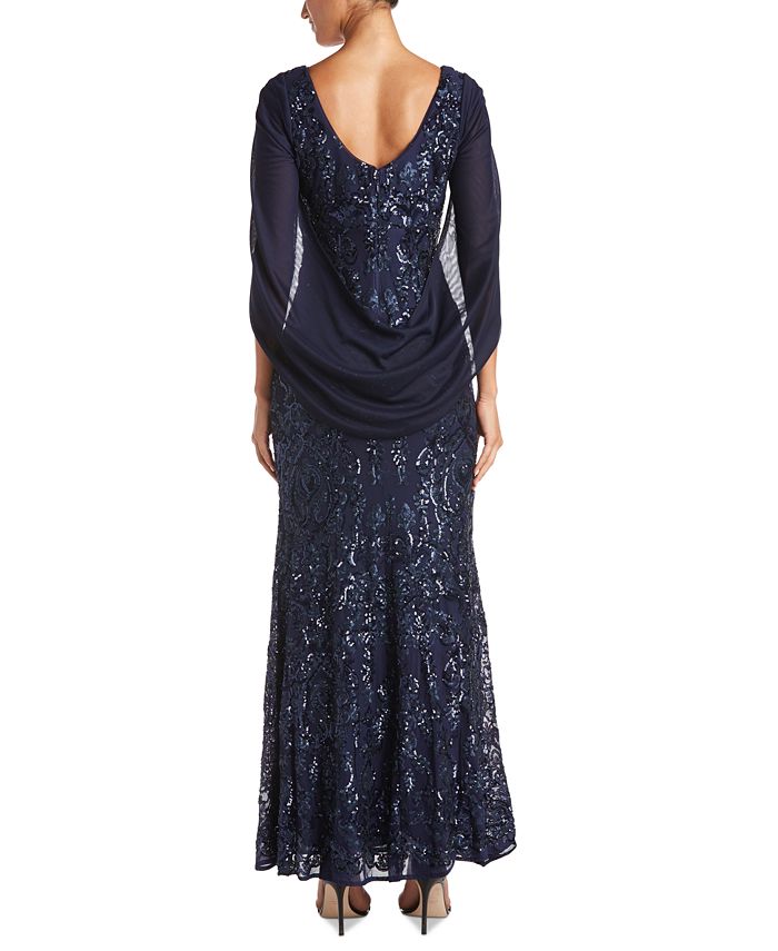 R & M Richards Sequin Drape-Back Cape Gown - Macy's