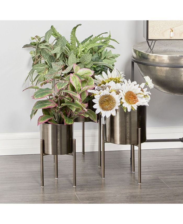 Rosemary Lane Contemporary Style Large Round Metal Planters in Stands ...